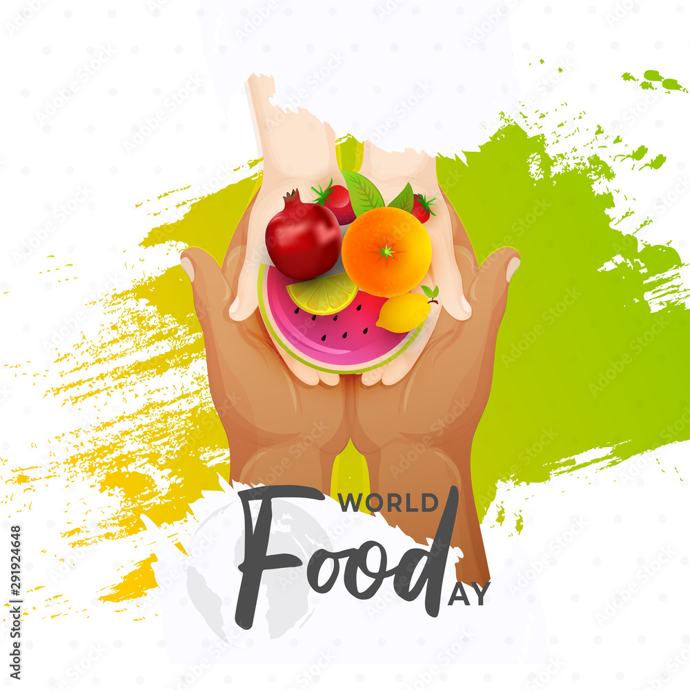 Human giving fruits another person on brush stroke background for World ...