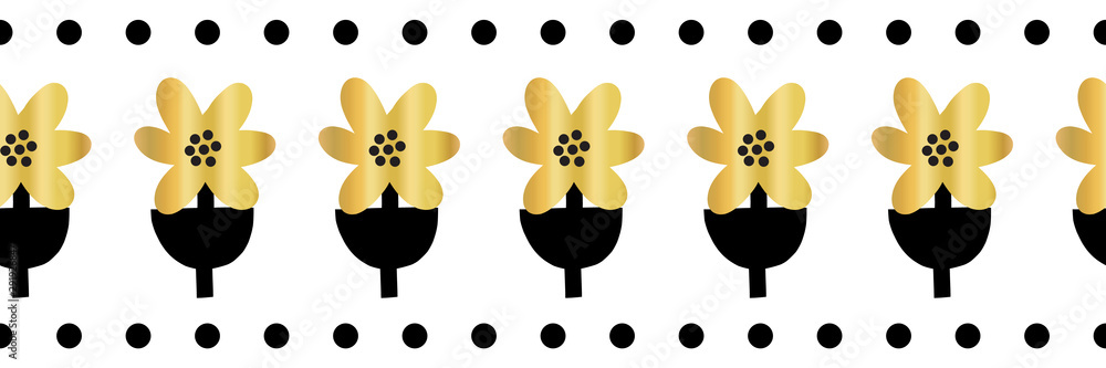 Seamless border Gold foil flowers vector. Shiny metallic golden florals ...