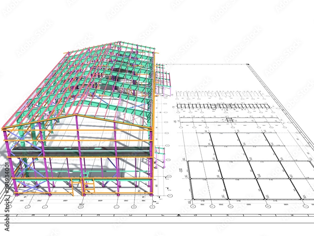 BIM building model of columns, beams, ties, girders. The metal ...