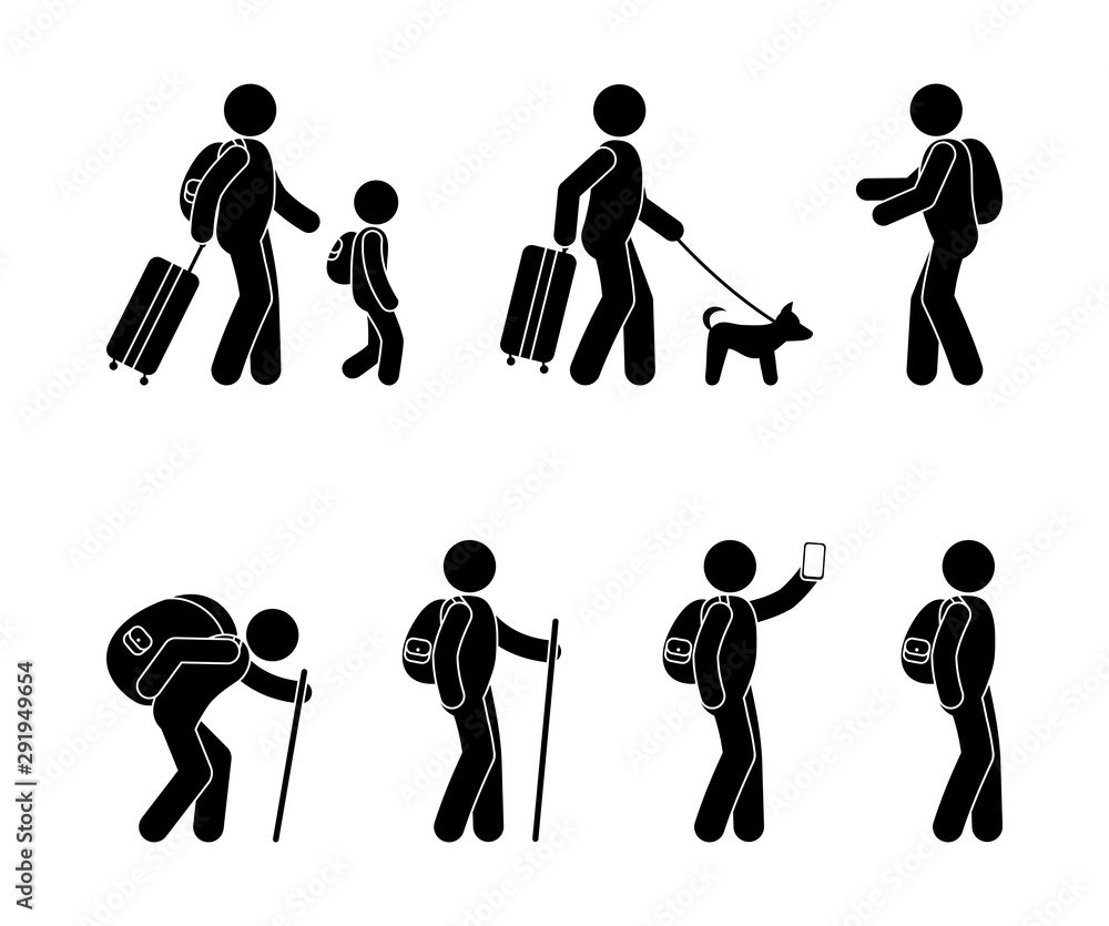 tourist icon, travel with children, traveler with a dog, stick figure ...