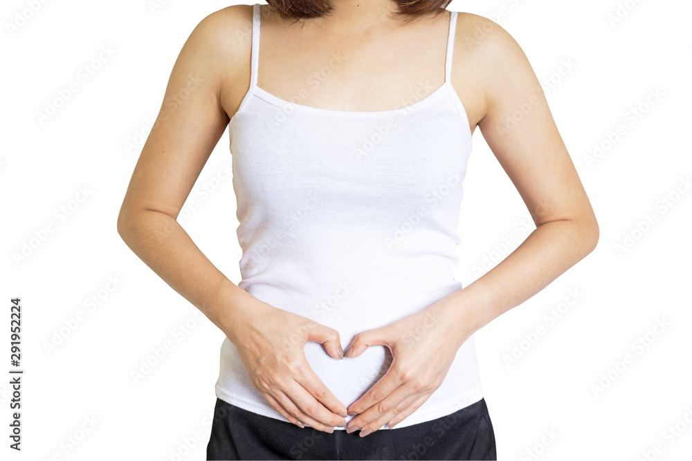 Young woman with beautiful shape using her hand made a heart shape on ...