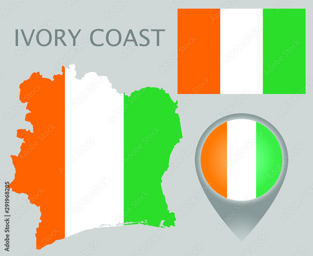 Colorful flag, map pointer and map of Ivory Coast in the colors of the ...