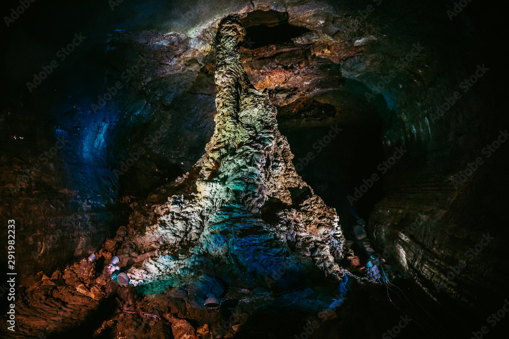 Lava tube on a volcanic island. This is a tunnel after volcano eruption ...