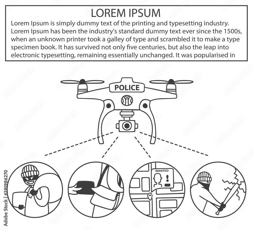Police drone usage Infographic. Drone or UAV with police mark on his ...