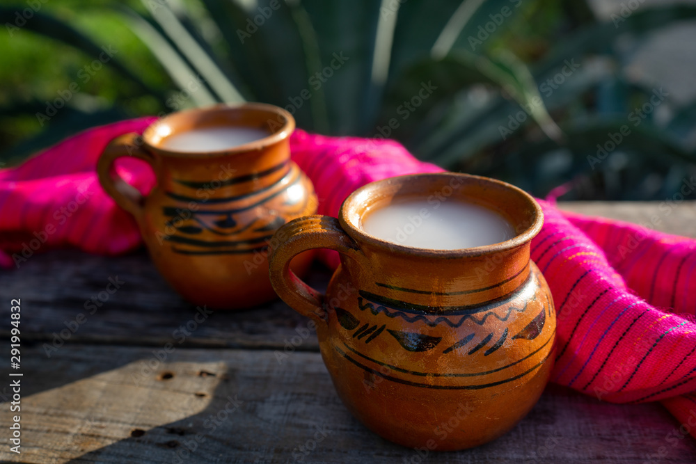 Mexican fermented beverage called "Pulque" in clay cups with agave ...