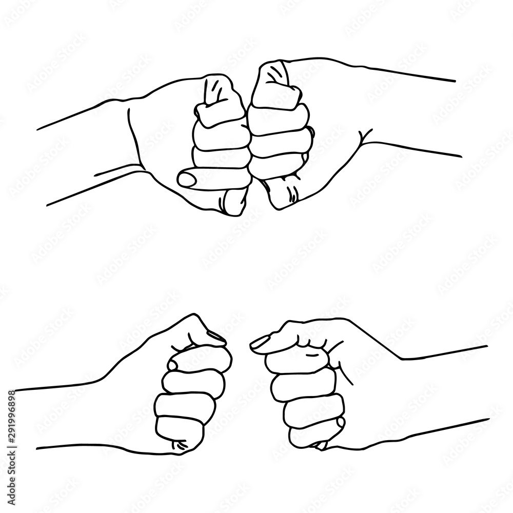 Line drawing of hands of team bumping fists together. Linear art. Hands ...