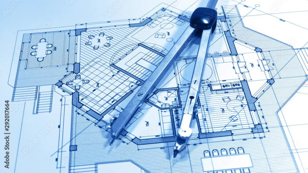 Blueprints - architectural drawings and compasses smoothly rotate on ...