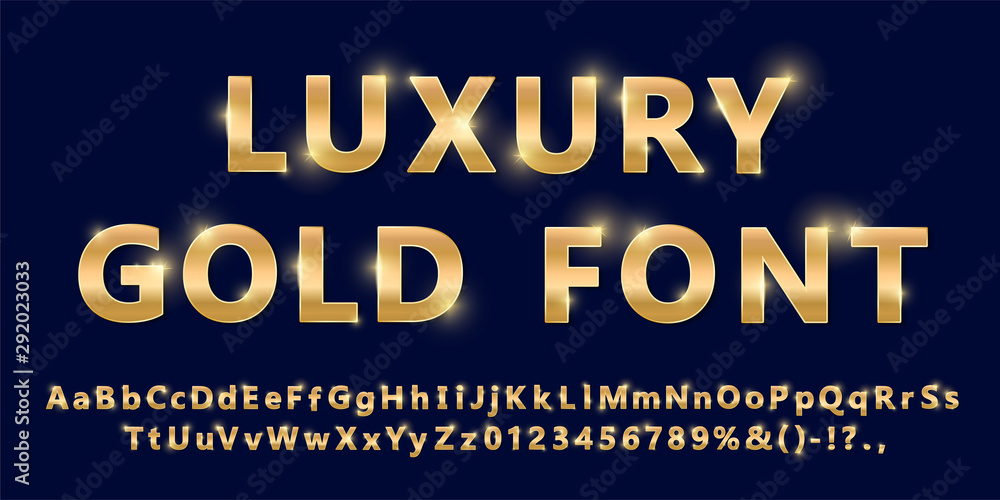 Shiny modern gold font isolated on blue background. Vintage golden ...