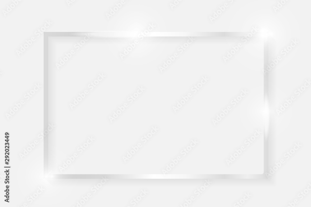 Silver shiny glowing vintage rectangle frame with shadows isolated on white background. Platinum ...