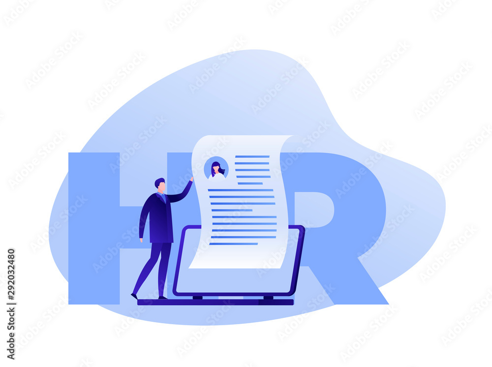 Vector flat human resources person illustration. Man with laptop and ...