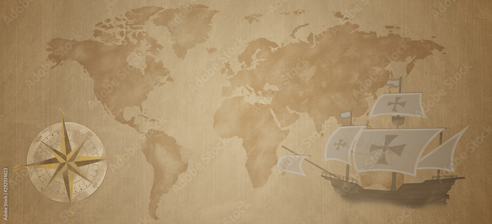 Pirate and nautical theme grunge background. Old sea compass, old Santa ...