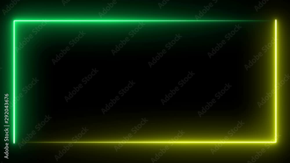 Neon light glowing rectangle frame, green and yellow light. Ultraviolet ...