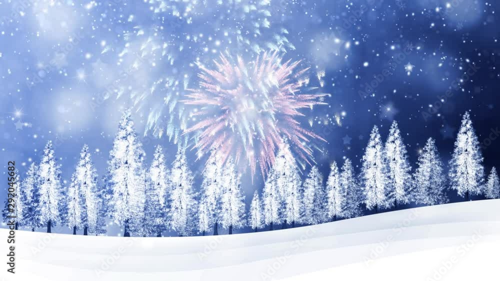 Illustrated snowy winter landscape with fireworks animation background ...
