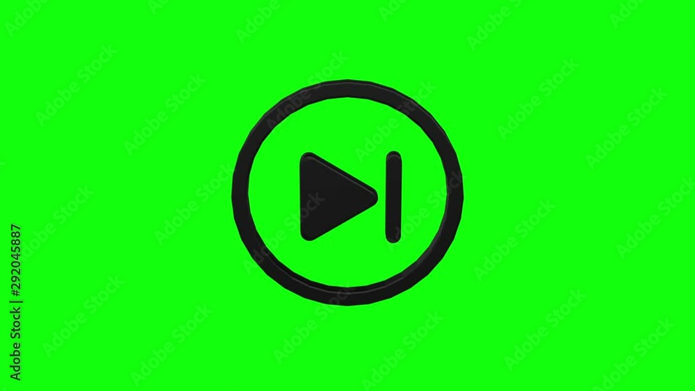Black circular play next button icon,isometric style on green screen or ...