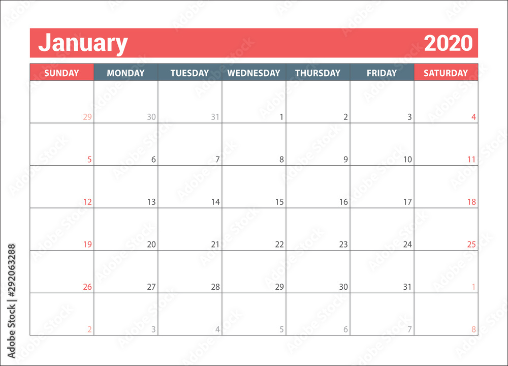 January 2020. Horizontal planner. English calendar. Сolor vector ...