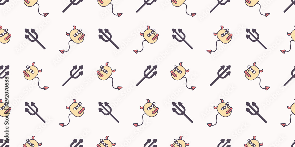 Cute devil face with horn on head emoticon and trident seamless pattern ...