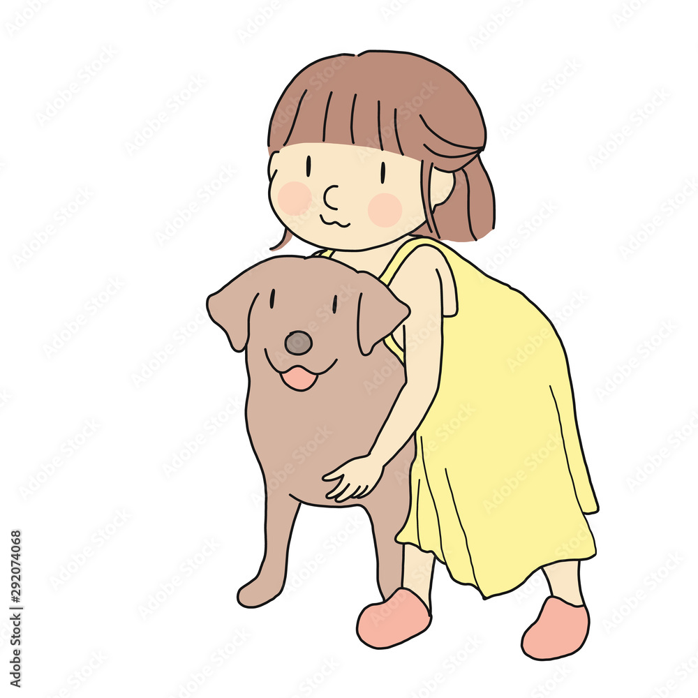 Vector illustration of little kid playing with lovely dog. Curious kid ...