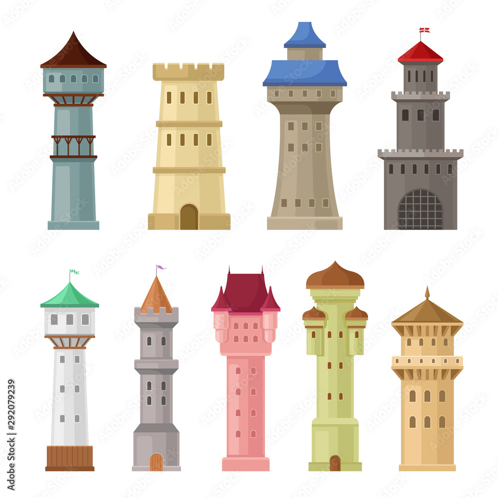 Set of old castle towers. Vector illustration on a white background ...