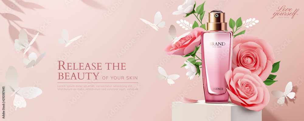 Pink cosmetic ads with paper roses Stock Vector | Adobe Stock