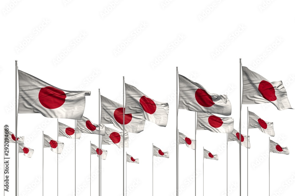 pretty many Japan flags in a row isolated on white with free space for ...
