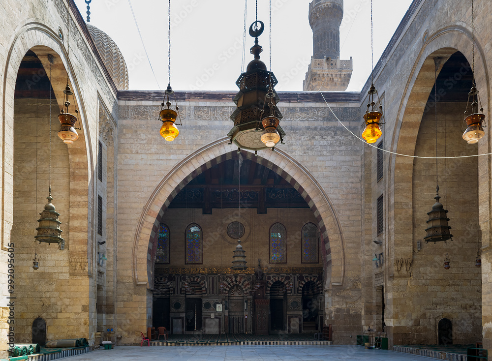 Main iwan - arch - and minaret at the courtyard of public historic ...