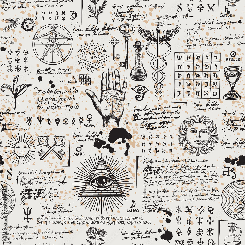 Vector seamless background on the theme of mysticism, magic, religion ...