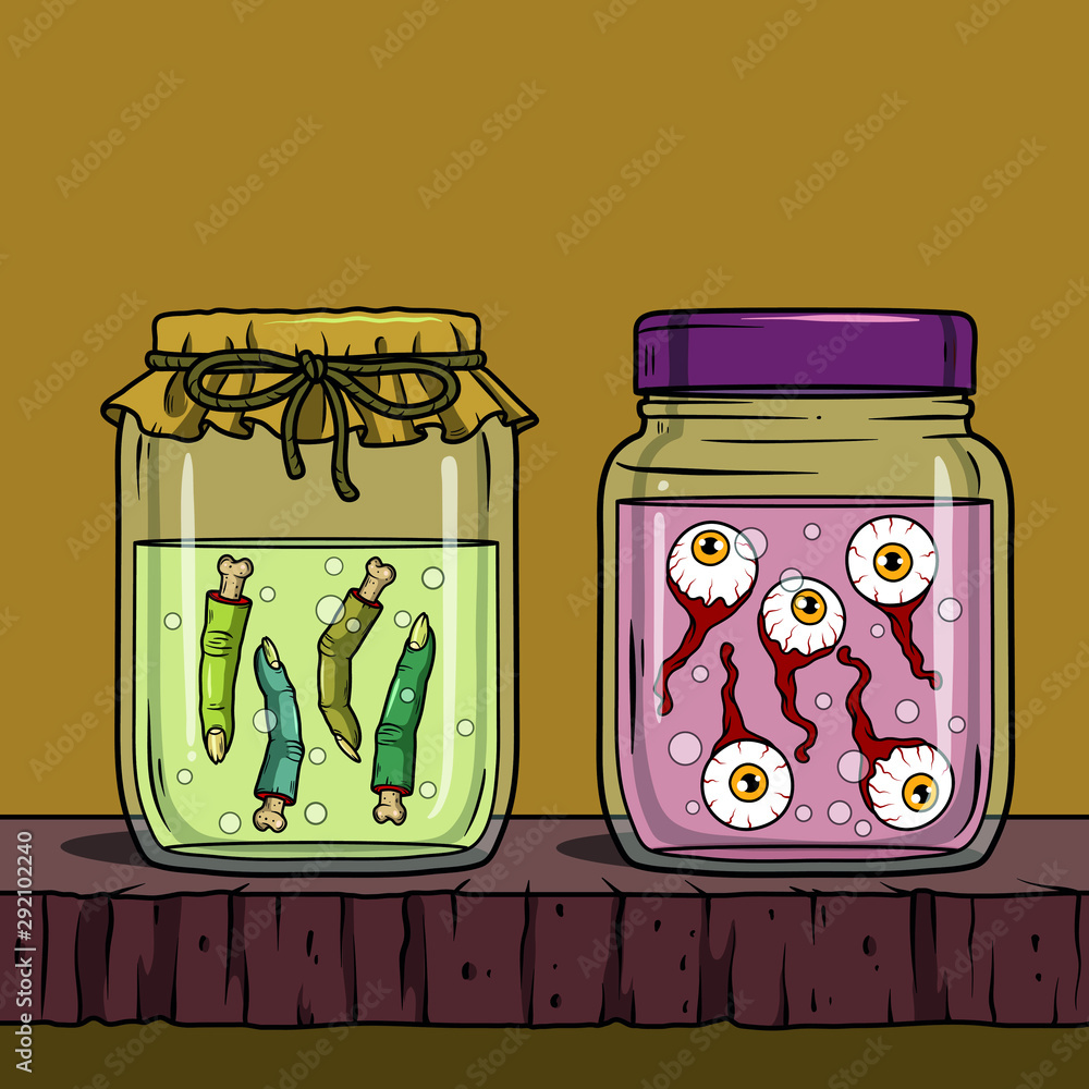 Vector horror art with creepy fingers, eyeballs in glass jar for scary ...