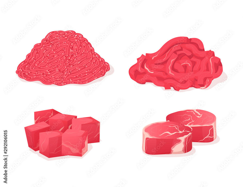 Minced meat in meat grinder, sliced fillet, chopped stewed cubes. Stock ...