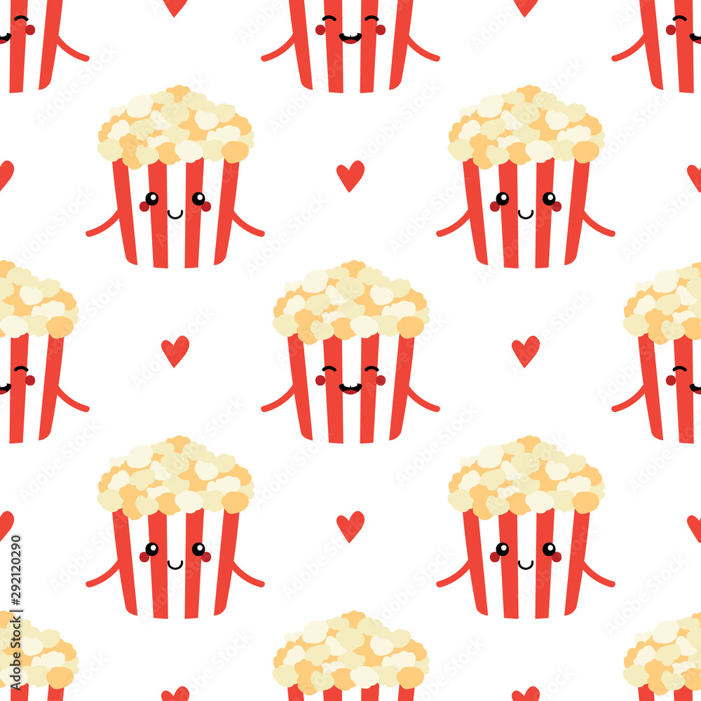 Cute vector seamless pattern background with smiling popcorn boxes ...