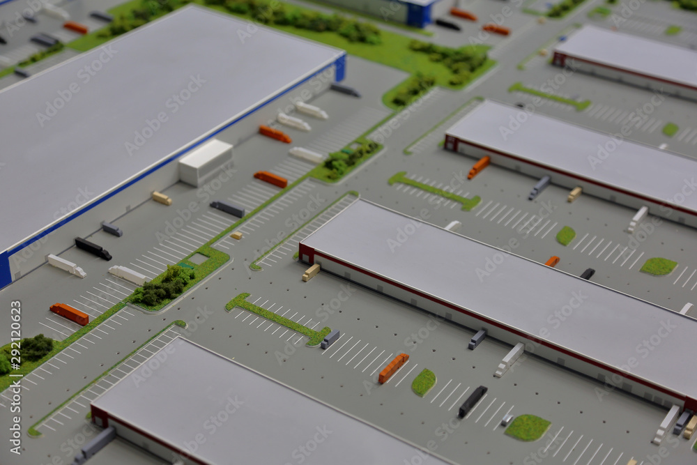 Miniature plastic model of an industrial zone with warehouses ...