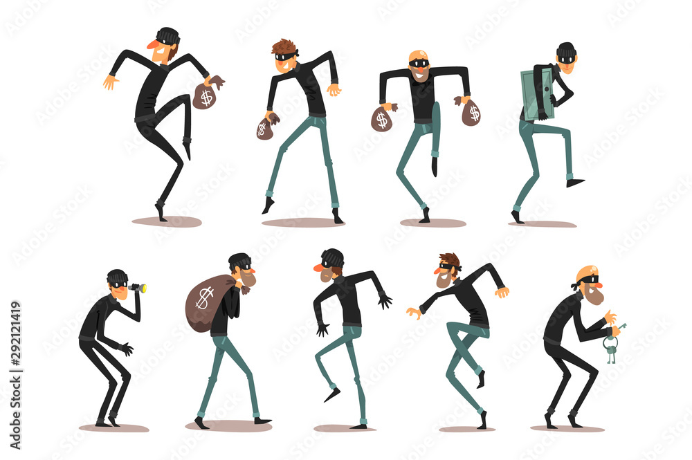 Male thief in mask set, robber cartoon characters committing crimes ...