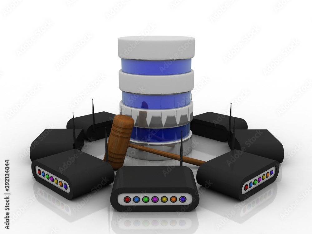 3d rendering Database storage data base connected modem wifi network ...