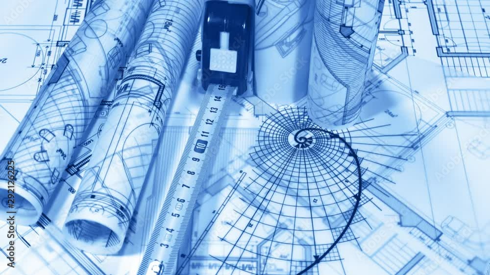 Blueprints - rolls of architectural drawings and drawing of the gold ...