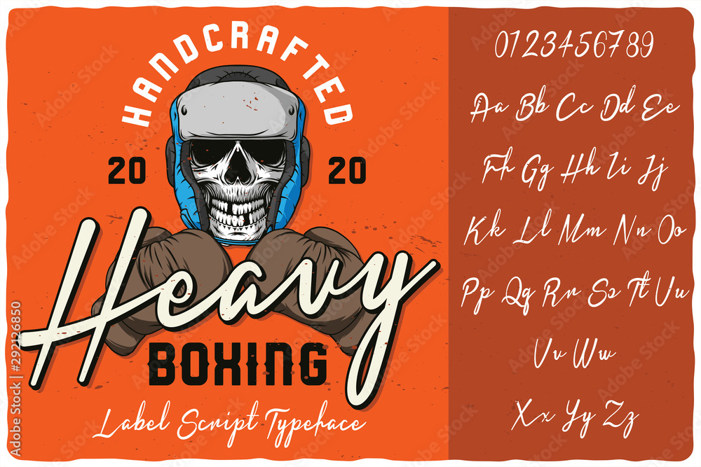 Script label font named Heavy Boxing. Letters and numbers set. Label ...