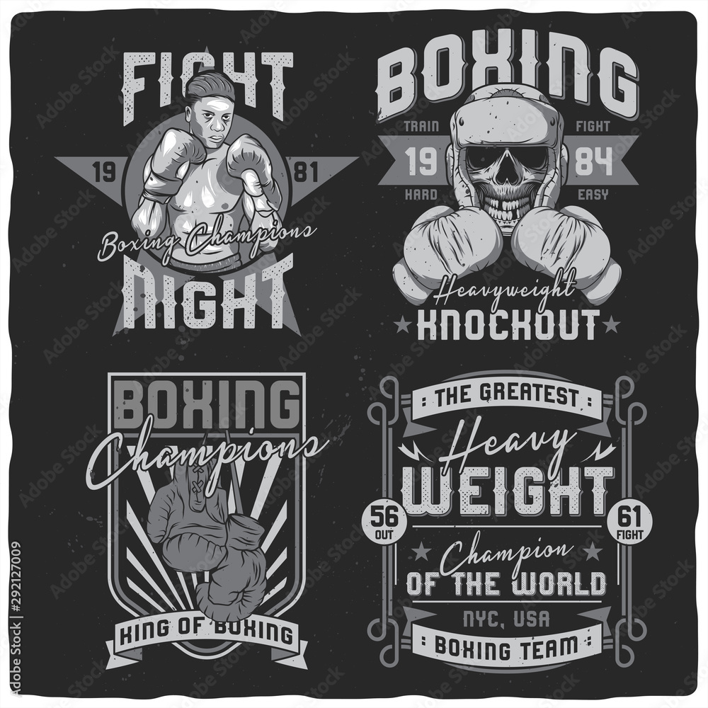 Set of labels for t-shirts. Boxing theme. Black and white ...