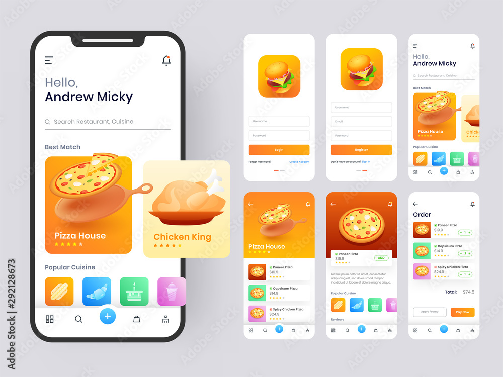 Food mobile app ui kit including sign up, food menu, booking and home ...