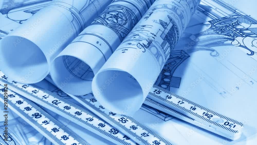 blueprints - rolls of architectural drawings, detail column, yardstick ...