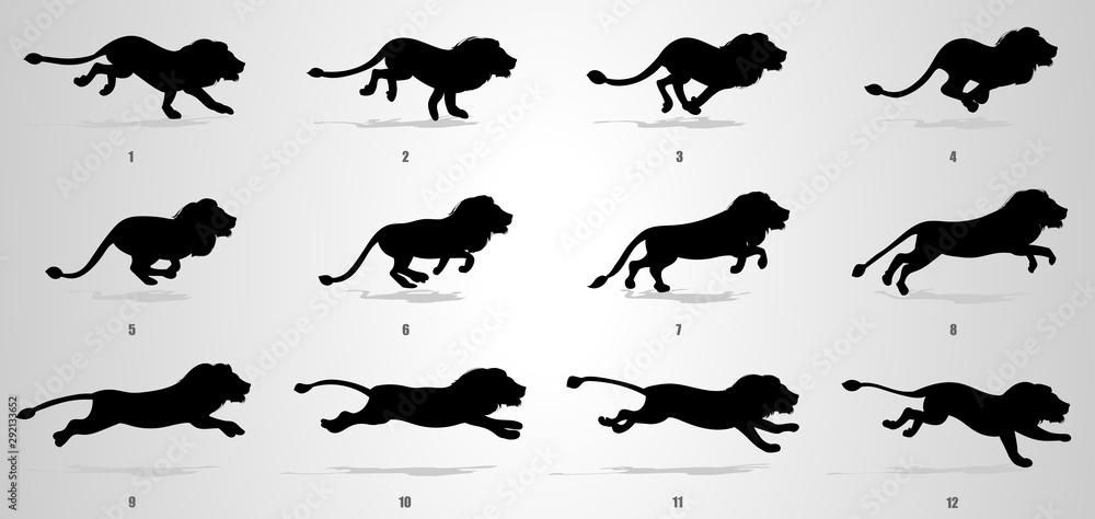 Lion run cycle animation sequence silhouette Stock Vector | Adobe Stock