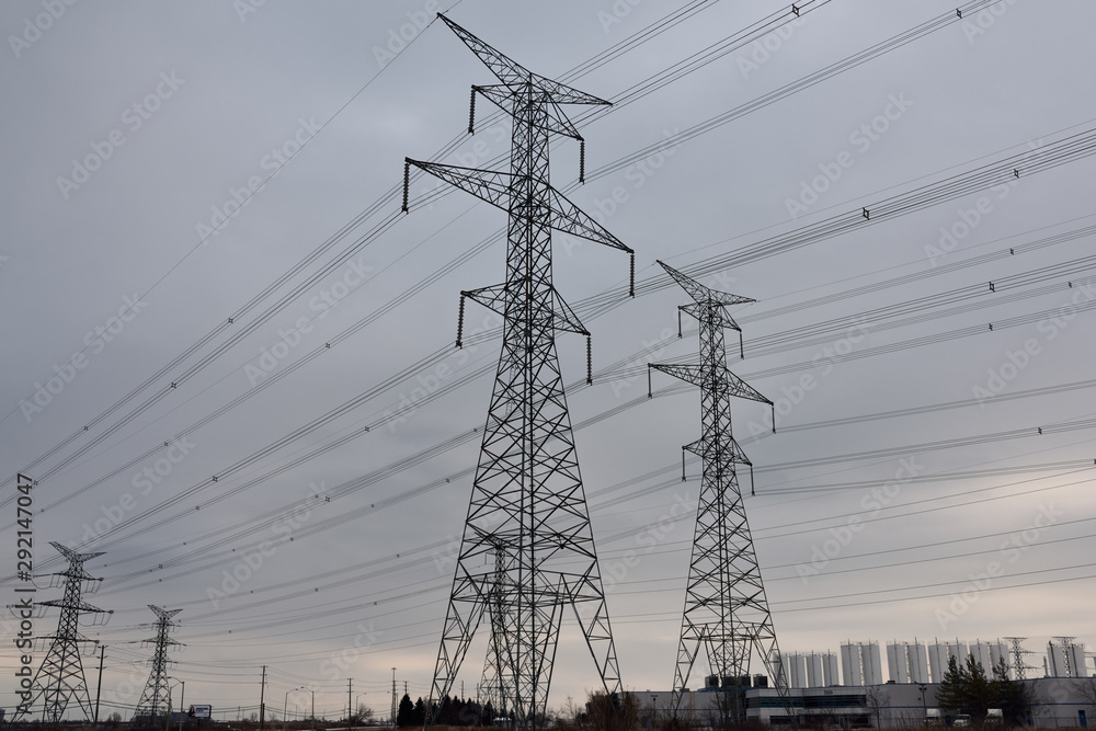 Hydro towers and high tension power lines in an industrial park Stock ...