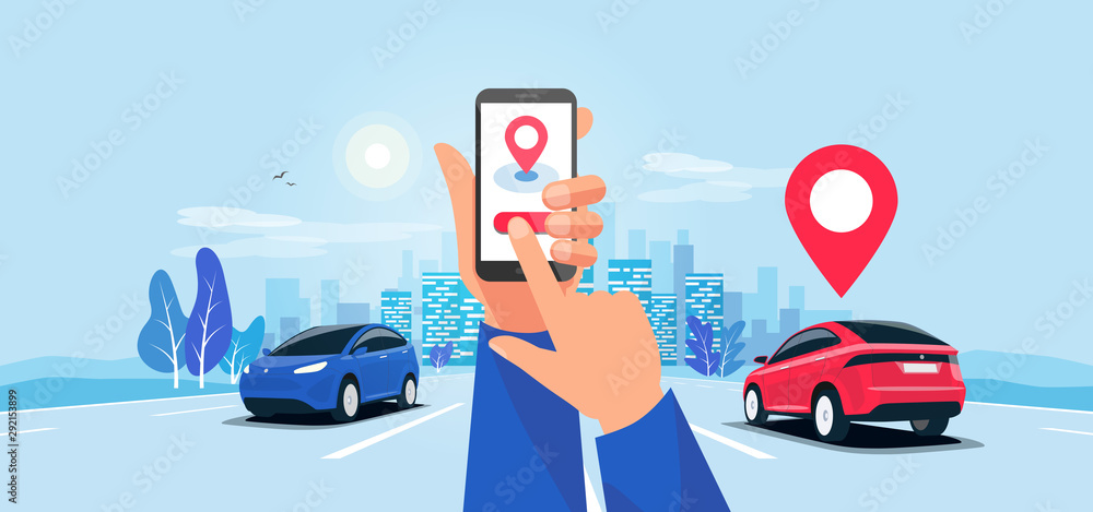 Cartoon vector illustration of hands with smartphone app and motorway ...