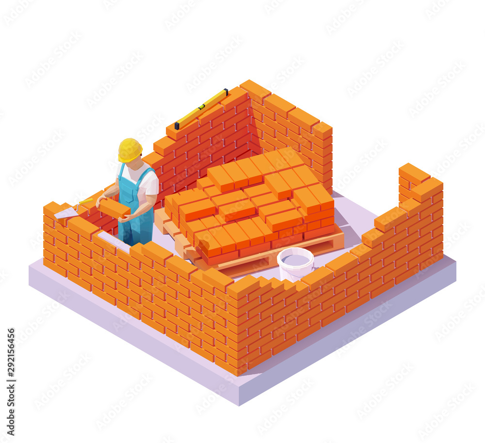 Vector isometric bricklayer building brick wall Stock Vector | Adobe Stock