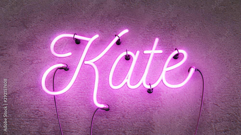 Bright pink neon sign spelling the girls name of Kate, on a concrete ...