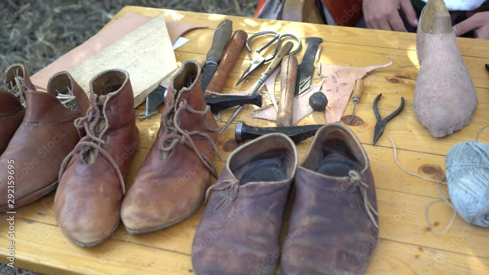 Workshop Shoemaker Middle Ages Leather. Medieval shoemaker tools. Hand ...
