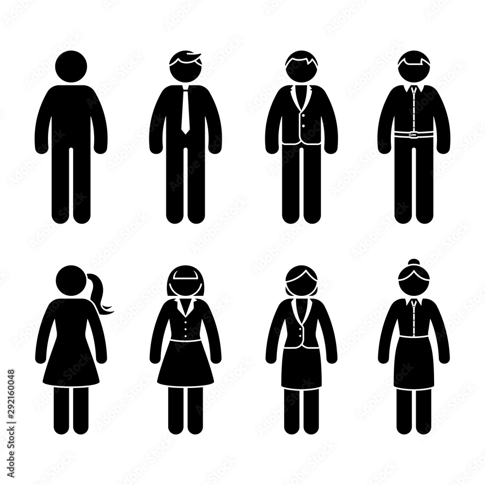 Stick figure business people standing front view black and white icon ...