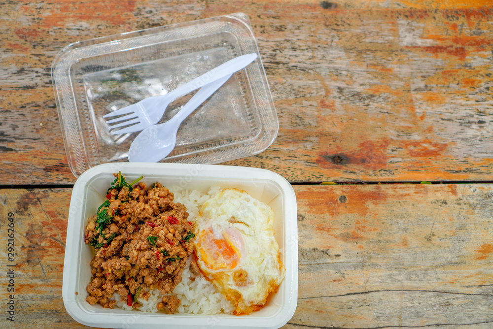 Stir fried Minced pork with basil,fast food Thai Style food. Thailand ...