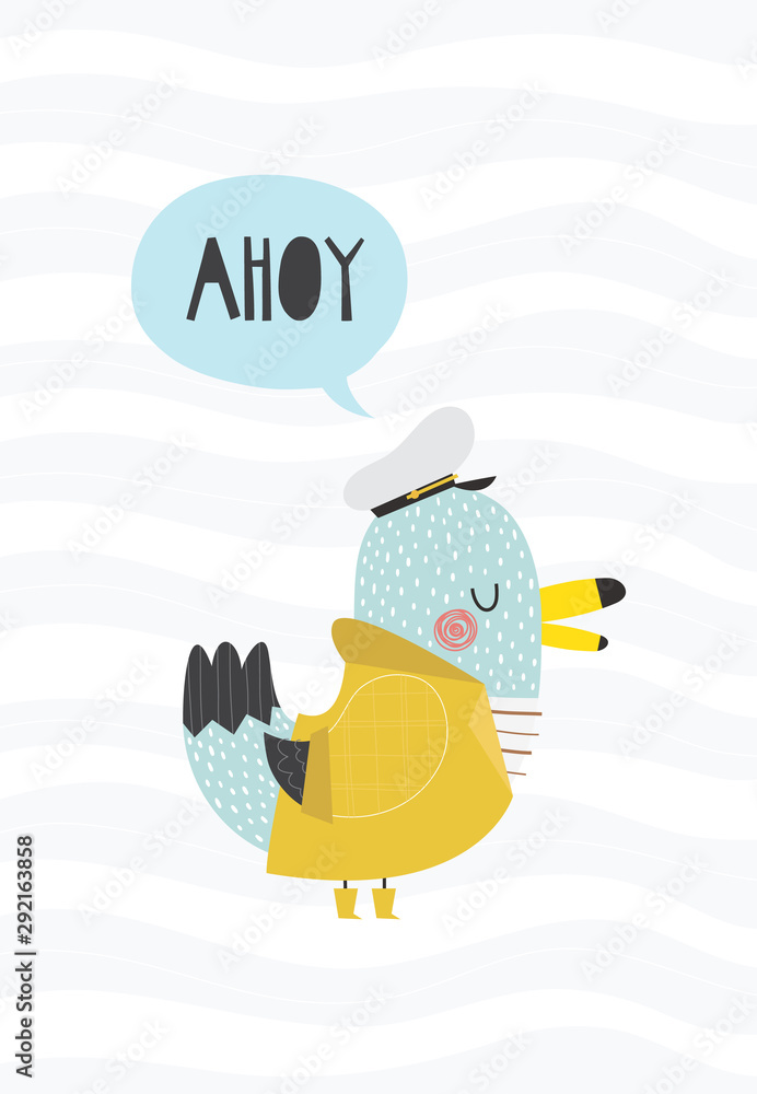 Bird in a sailor suit with a sign "Ahoy". Vector illustration in a ...