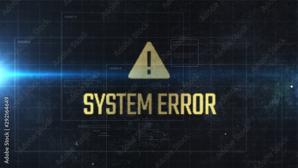 System error message with yellow sign on LCD display with pixels ...