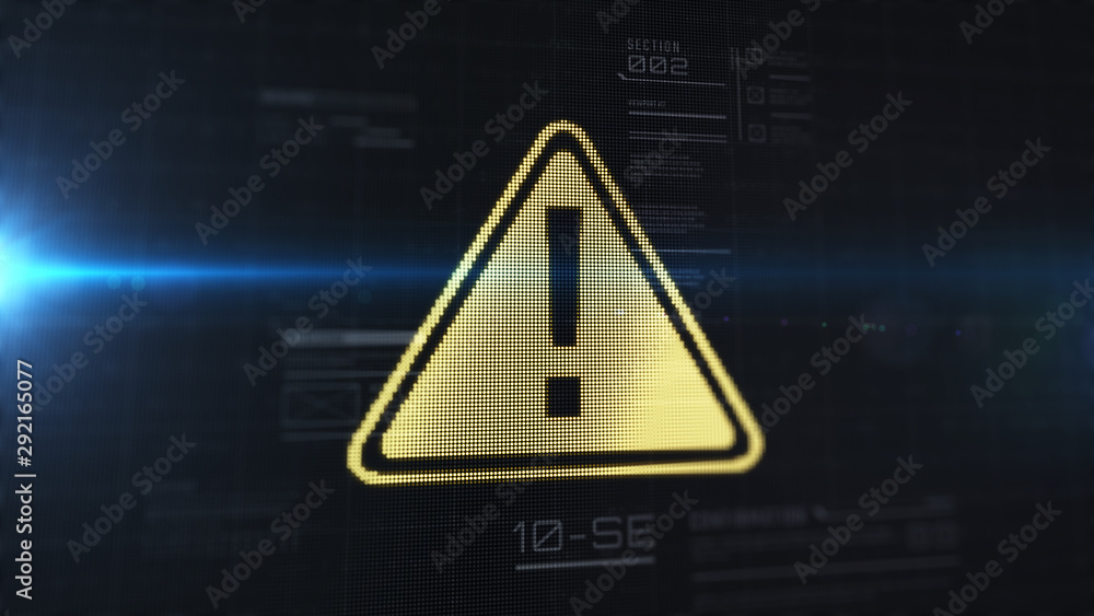 Yellow triangular sign with exclamation inside. Close up display view ...