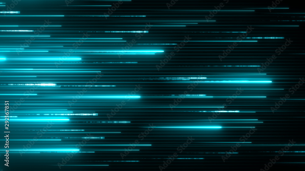Horizontal neon beams. Blue technology background. Abstract program code moving in a cyberspace ...