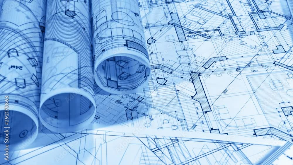 Blueprints - rolls of architectural drawings smoothly rotate on the ...